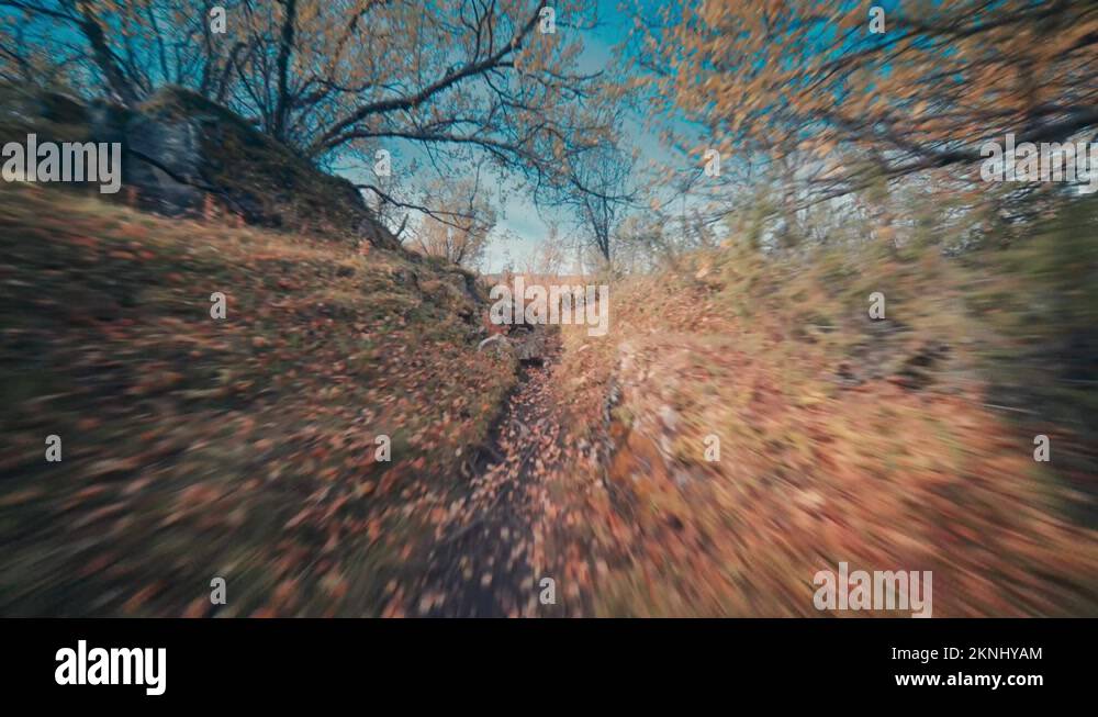 Ultrawide shot. Fast pan forward. Walking on the narrow trail in the ...