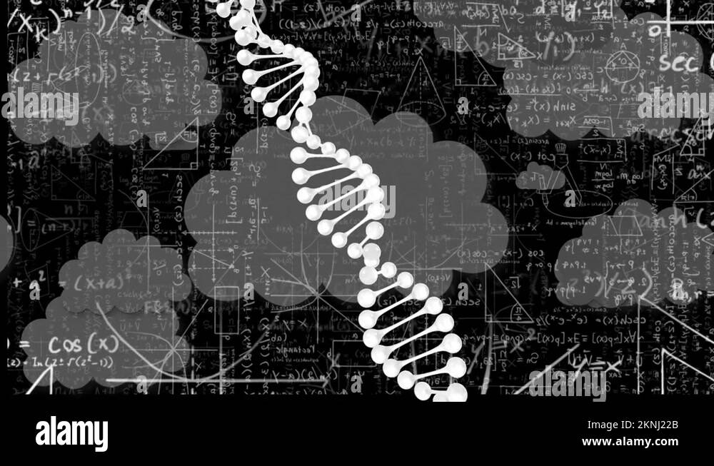 Animation of dna chain over clouds and math formulas on black ...