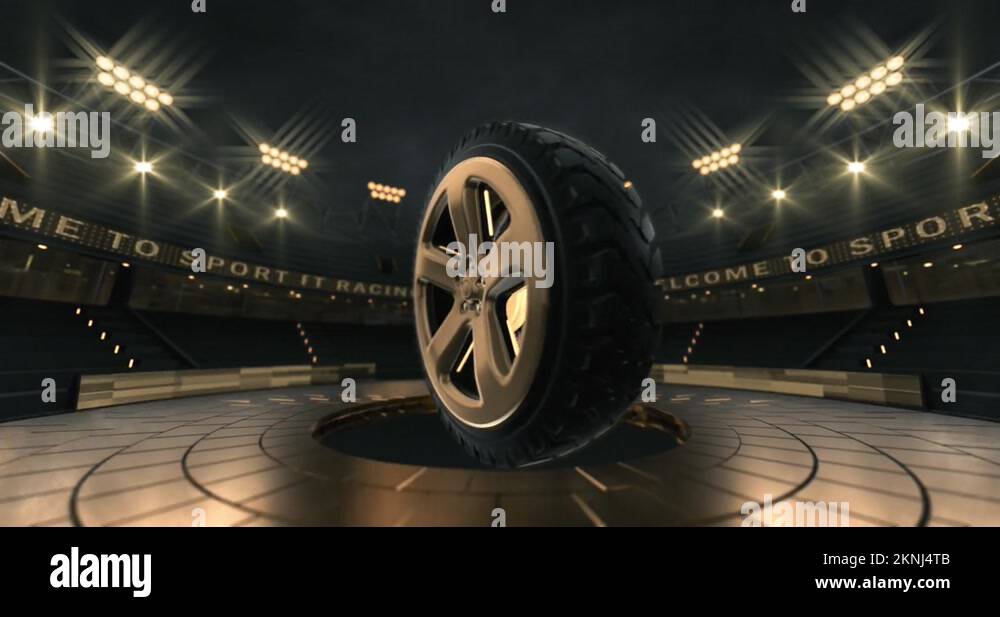 Virtual race stadium with rotating car tire floating in the air Stock ...