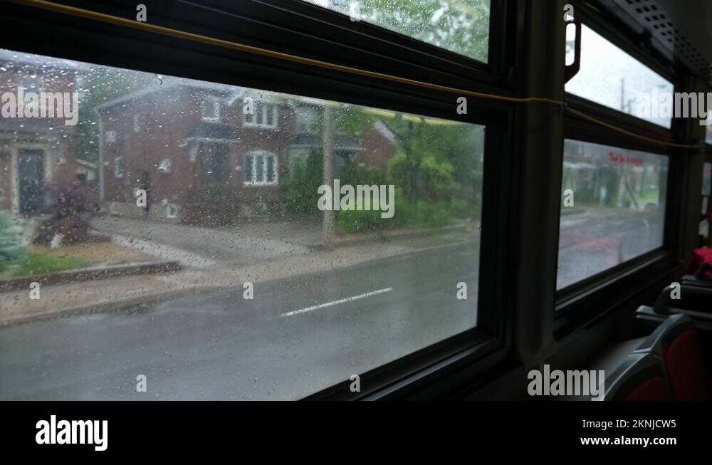 Passenger view through window of bus. Public transport in Toronto ...