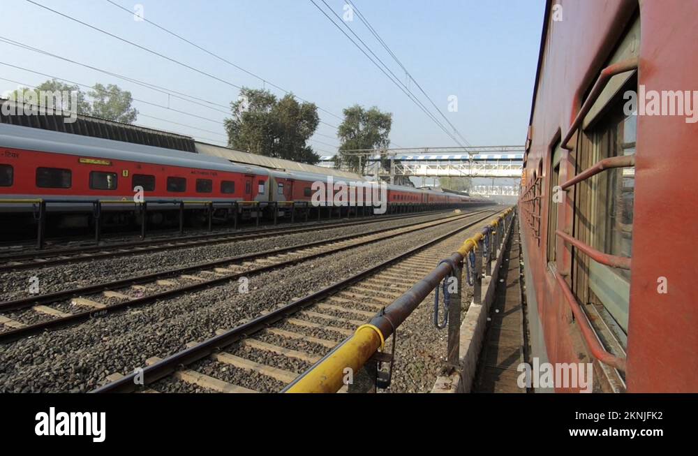 Exterior window of a moving train, Long distance express train, Bihar ...