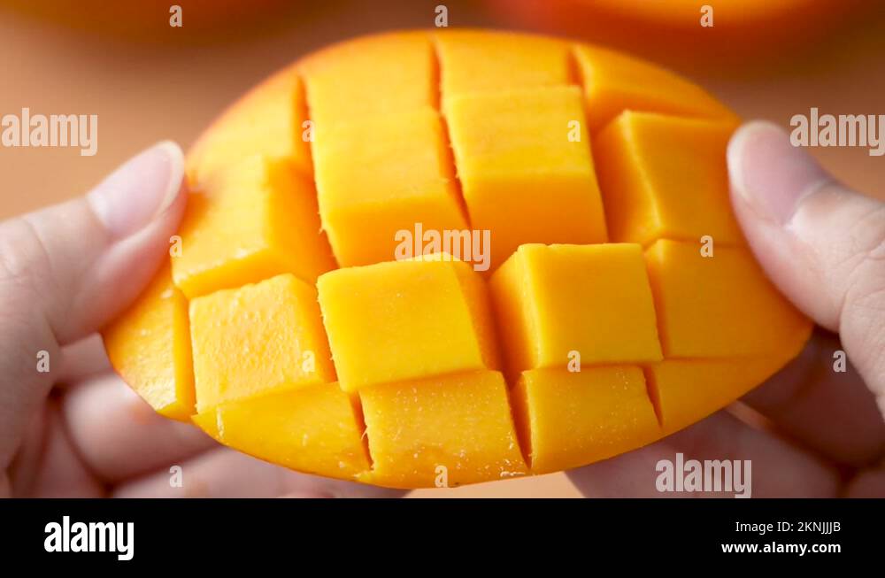 Cutting fresh mango fruit and showing the juicy diced pulp Stock Video ...