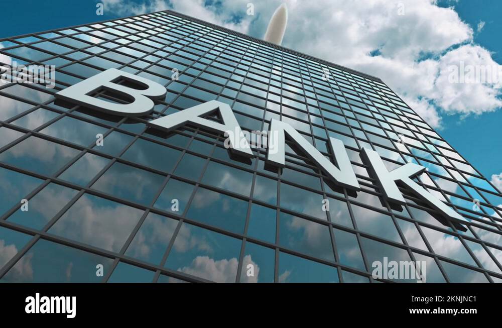 BANK signboard on a moden skyscraper reflecting flying airplane. 3D ...