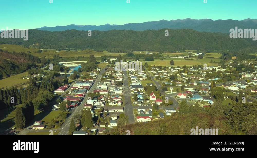 Zooming Out Flyover of Reefton New Zealand, The Town of Light and Gold ...