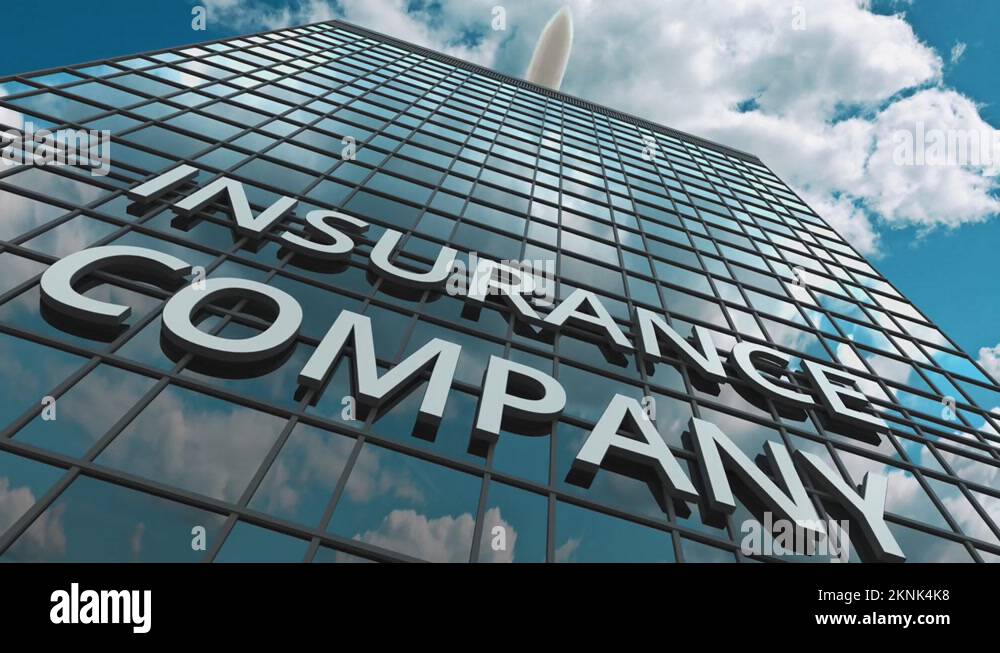 INSURANCE COMPANY signboard on a modern skyscraper reflecting flying ...