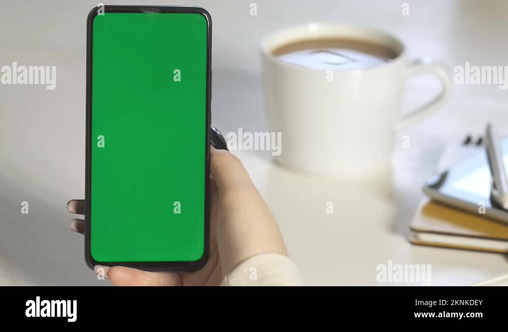 Handheld Camera: Back View of Brunette woman Holding Chroma Key Green ...