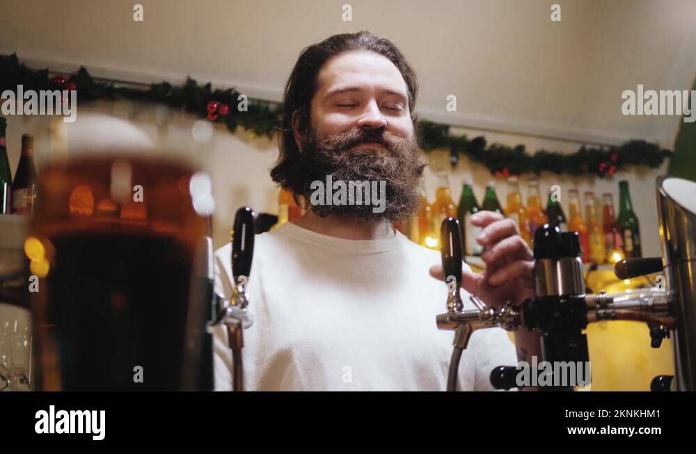 Beer barman portrait. Bearded man standing behind bar counter and ...