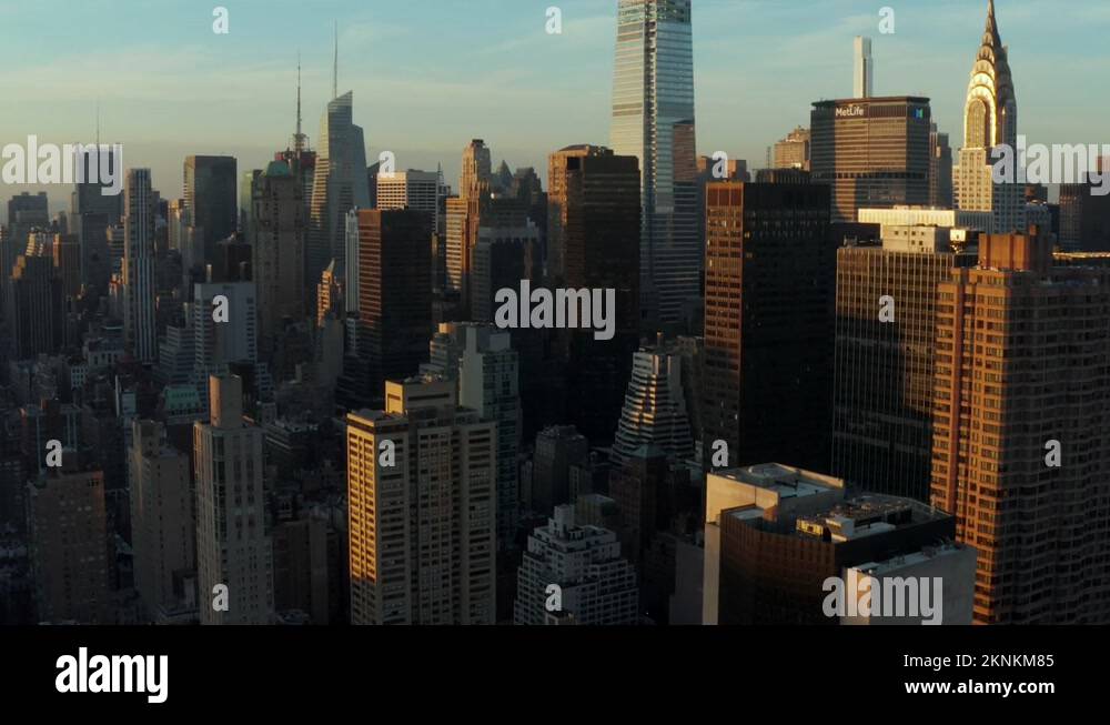 Elevated view of high rise buildings in downtown. Illuminated by ...