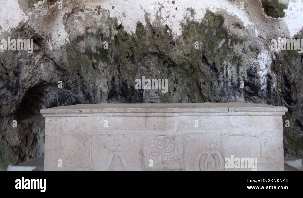 Tilt down the holy table in the cave church of Saint Peter Stock Video ...