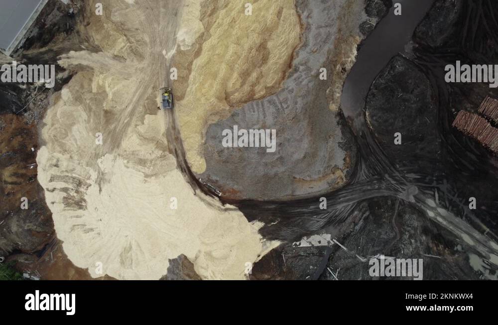 Deforestation of Russia, environmental problems, sawdust, dirt, drone ...