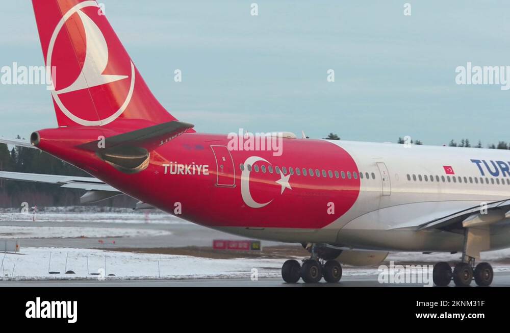 turkish airlines logo airbus a330 passenger airplane taxiing zoom out ...