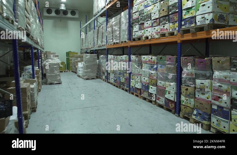 Boxes of groceries in a industrial food large cold storage safety ...