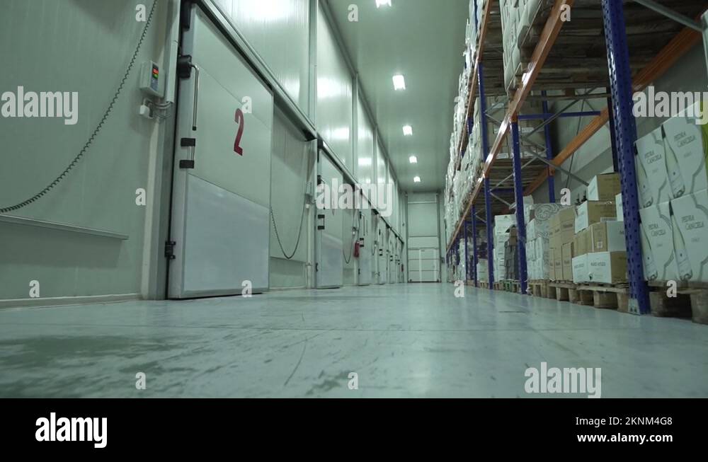 Boxes of groceries in a industrial food large cold storage safety ...