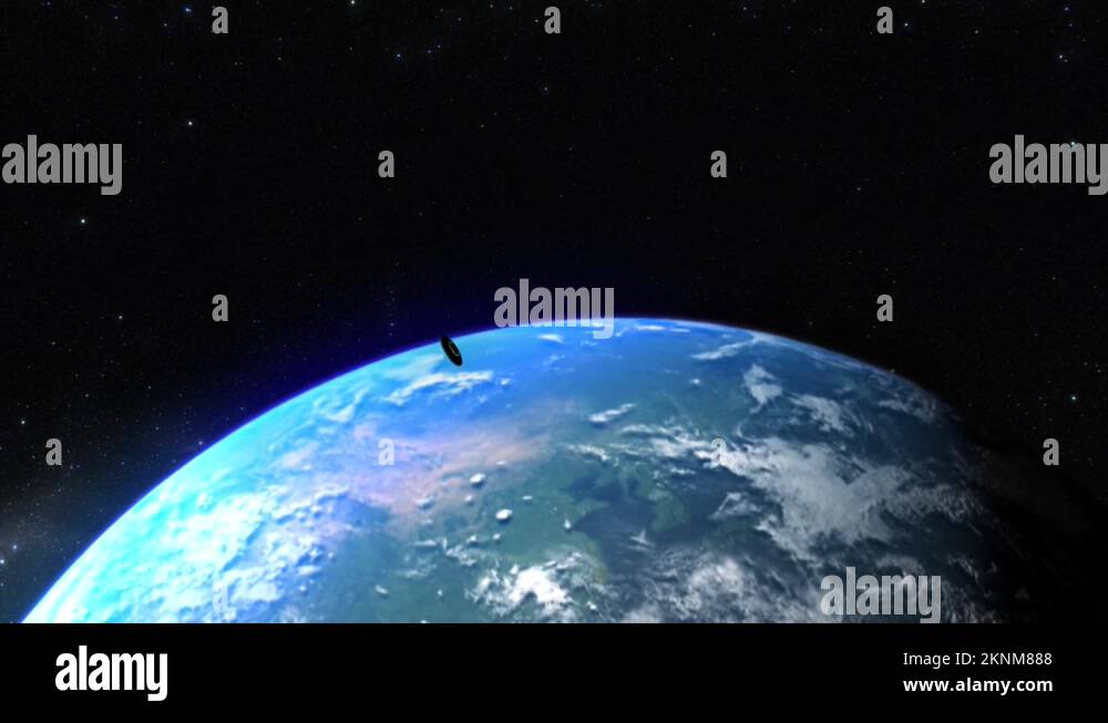 Dramatic and cinematic 3D CGI render of an alien flying saucer banking ...