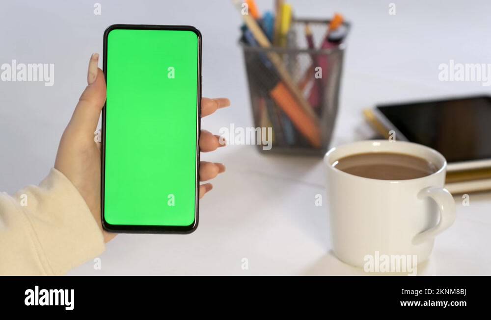 Handheld Camera: Back View of Brunette woman Holding Chroma Key Green ...