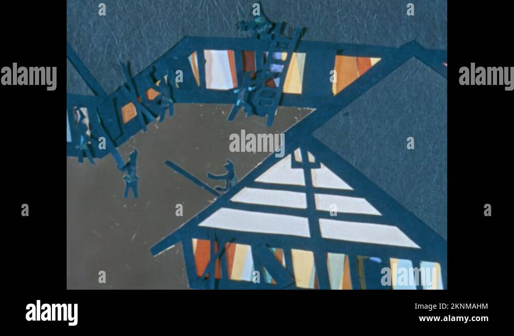 1960s: Animation. Workers board up windows and doors of house. Girl ...