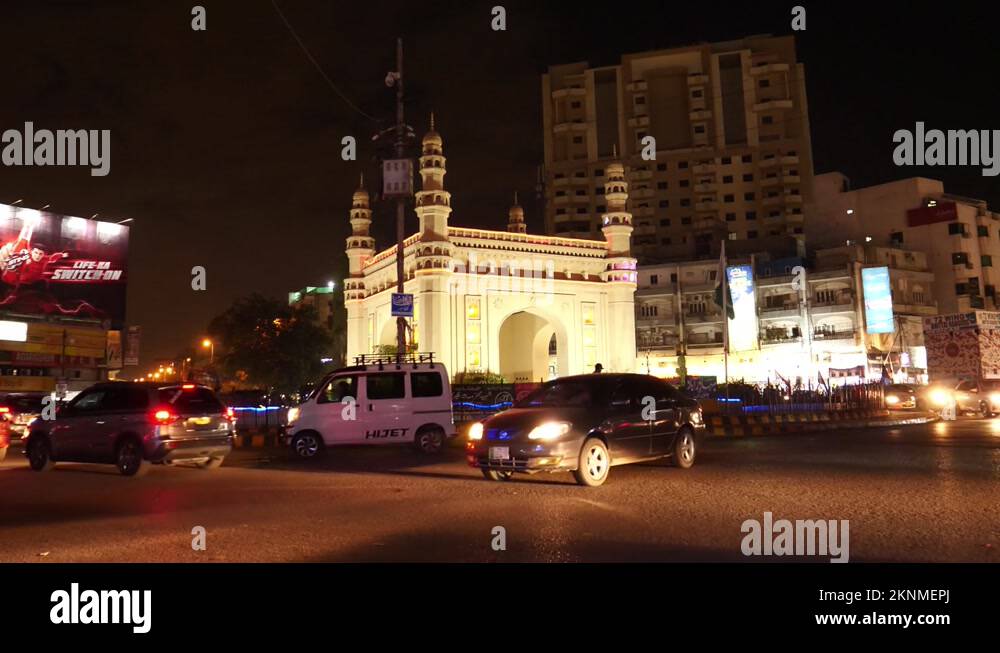 Night Time Traffic Going Past Roundabout Charminar Chowrangi In Karachi ...