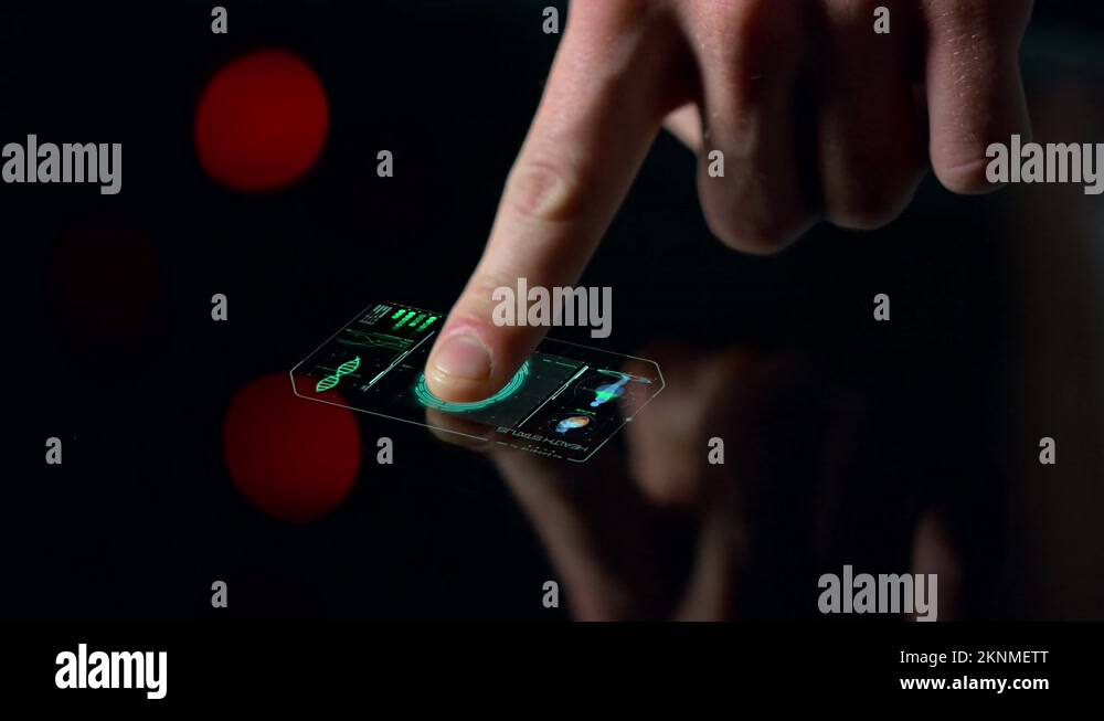 Closeup fingerprint health scanner display information analyse ...