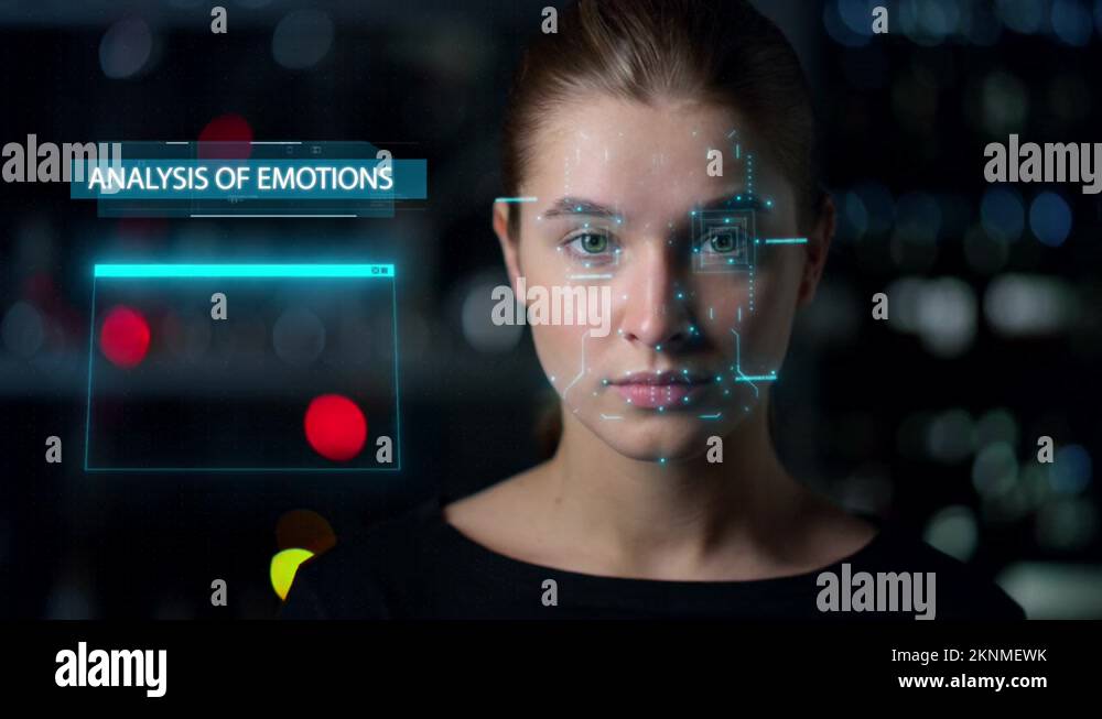Futuristic biometrical emotions analysis. Closeup woman face biometrics ...