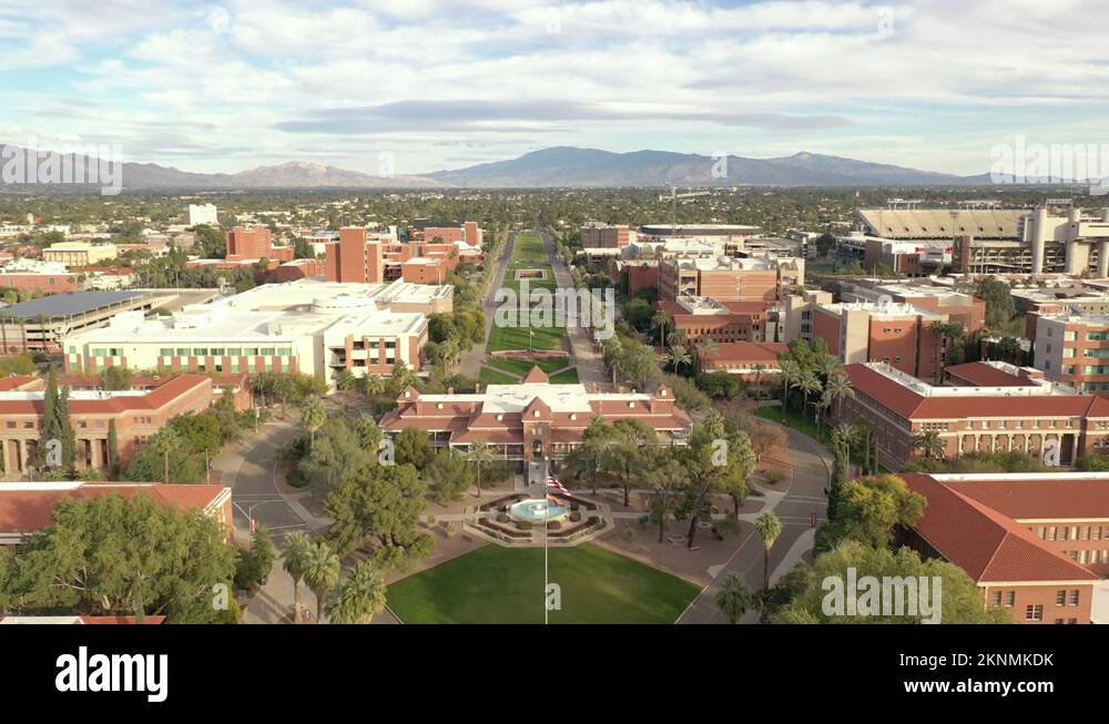 Tucson Arizona college university campus, old main in foreground, drone ...
