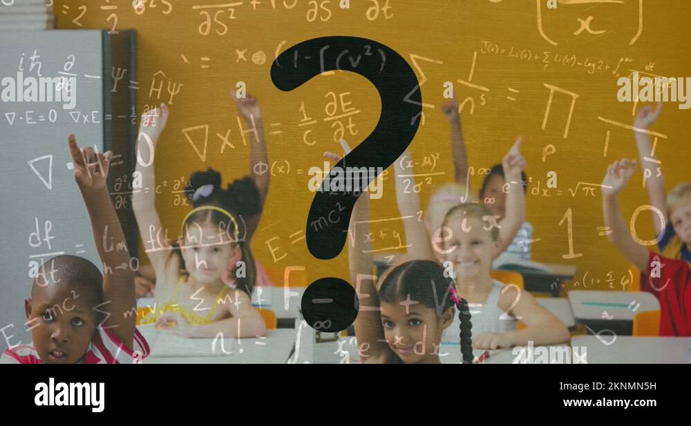 Animation of question mark and mathematical formulas over children in ...