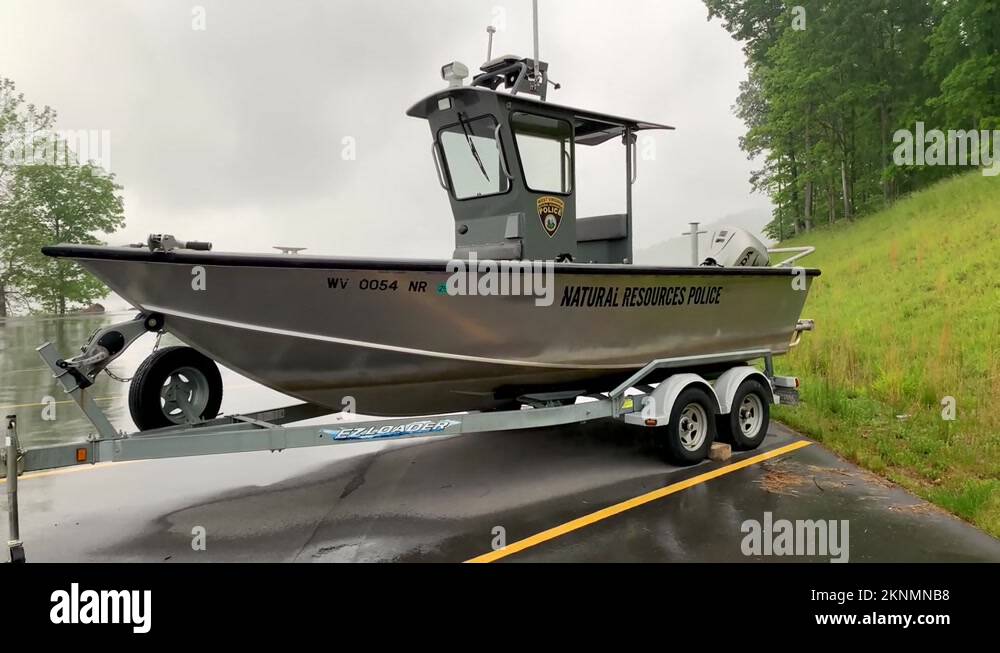 Natural Resource Police boat parked at the shores of Tygart Lake Marina ...