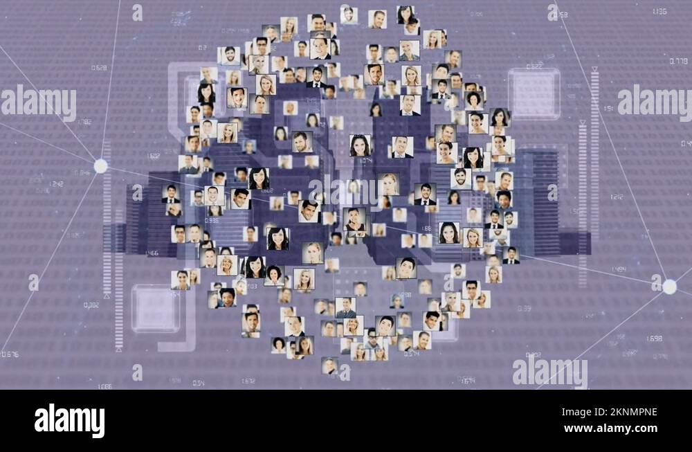Animation of network of connections with pictures of people over data ...