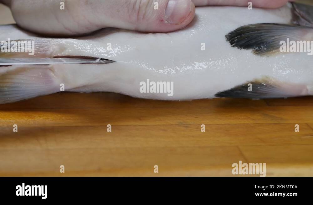 the cook cuts the belly of a fish with a knife on a wooden board. Dolly ...
