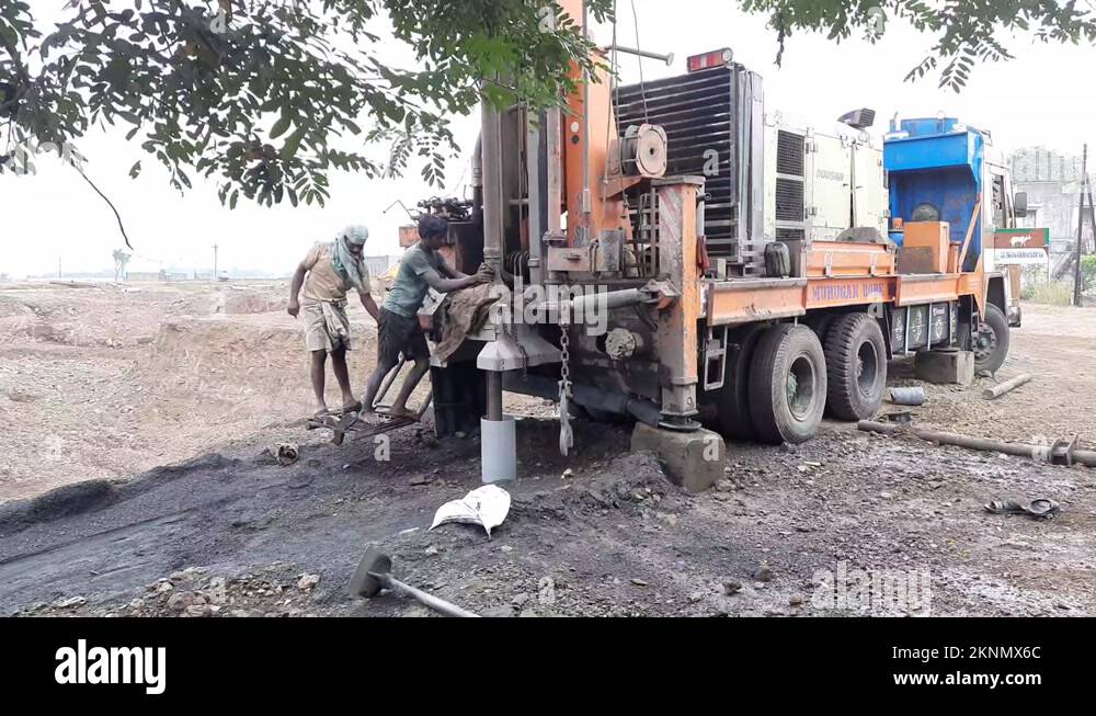 Borewell drilling work by borewell machine lorry is started at the site ...