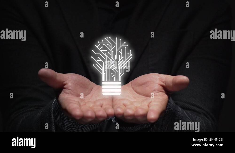idea concept. hands teach augmented reality projection of a light bulb ...