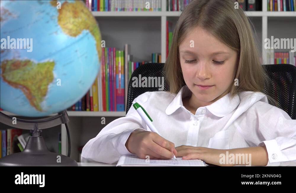 Kid Studying Earth Globe, Child in School Class, Girl Learning at ...