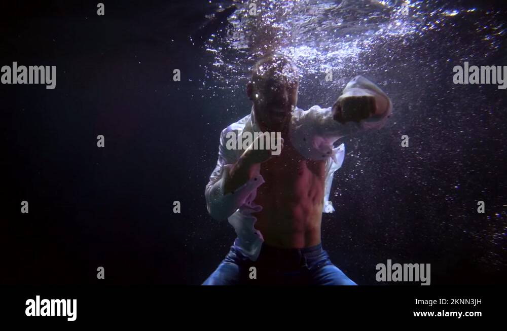 boxer is punching and floundering in water of swimming pool, underwater ...