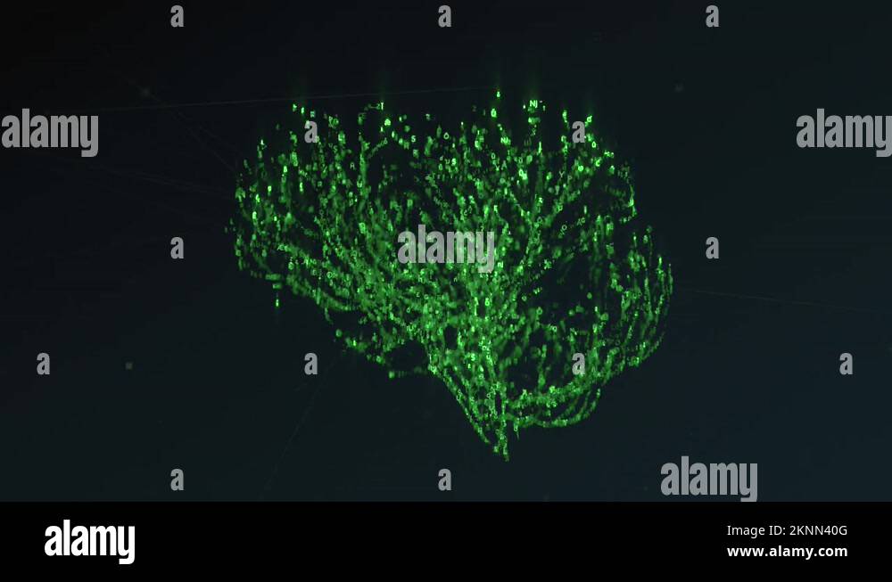 The human brain grows out of glowing numbers in a matrix style Stock ...