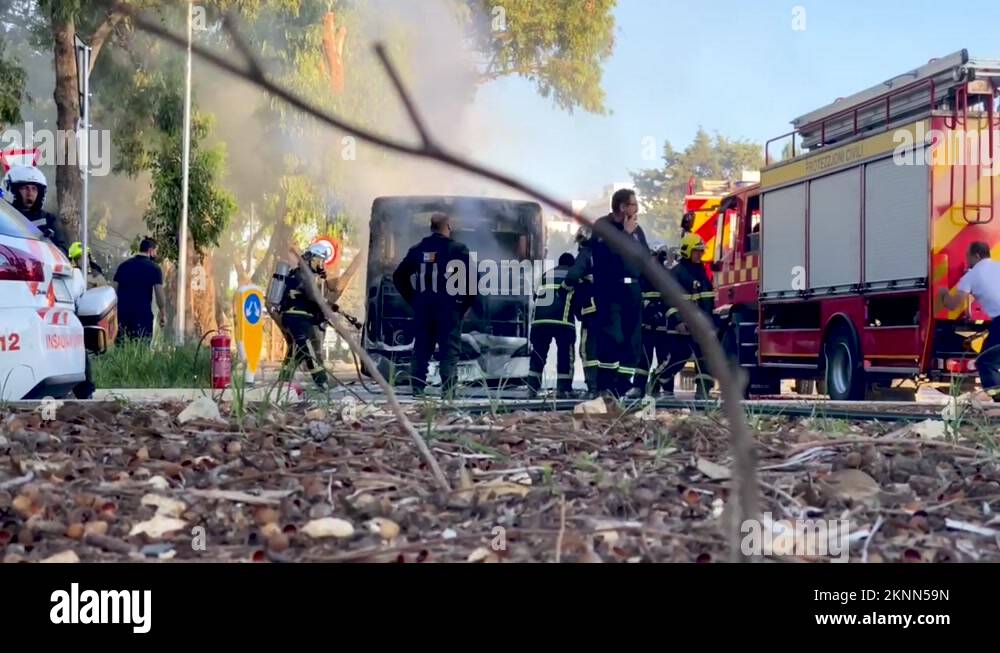 Arrive public Transport Bus on fire. Police and fire engine team up to ...