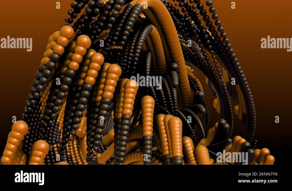 Complex animation of yellow and black spheres forming a moving organic ...