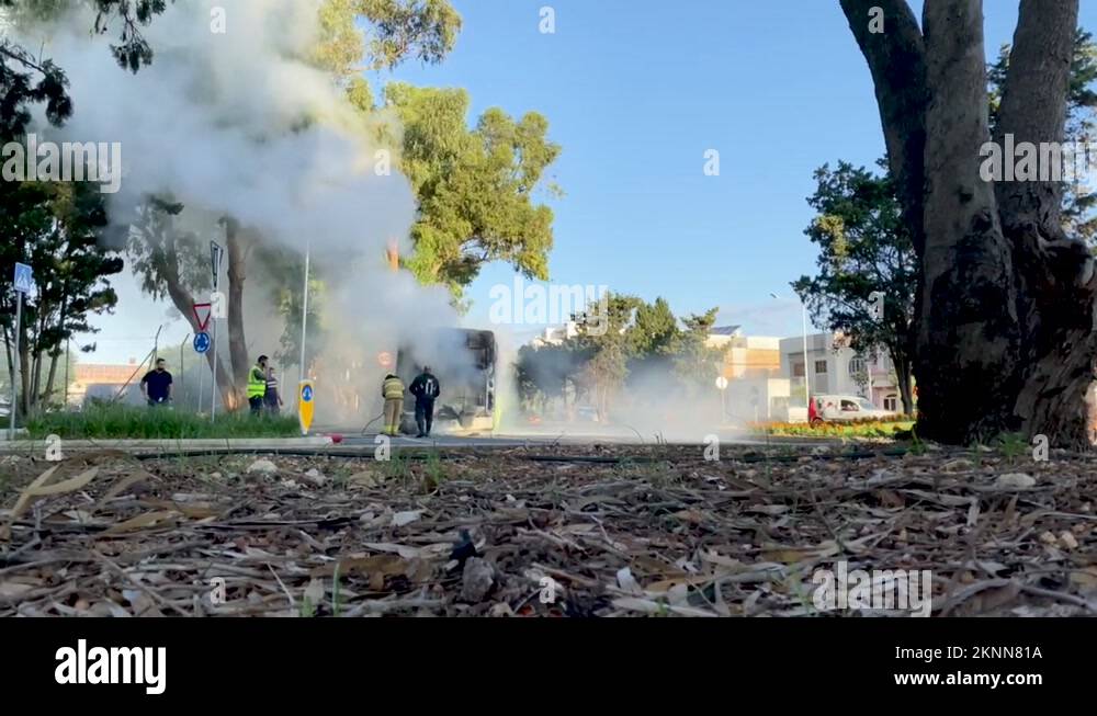 Arriva public Transport Bus on fire. Police and fire engine squad in ...