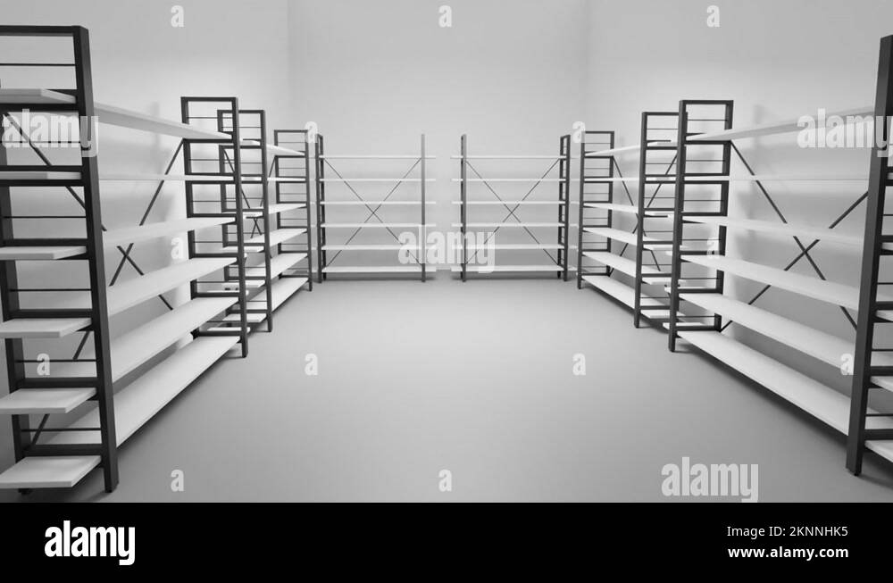 Cold room in warehouse with empty racks, white shelves on metal base ...
