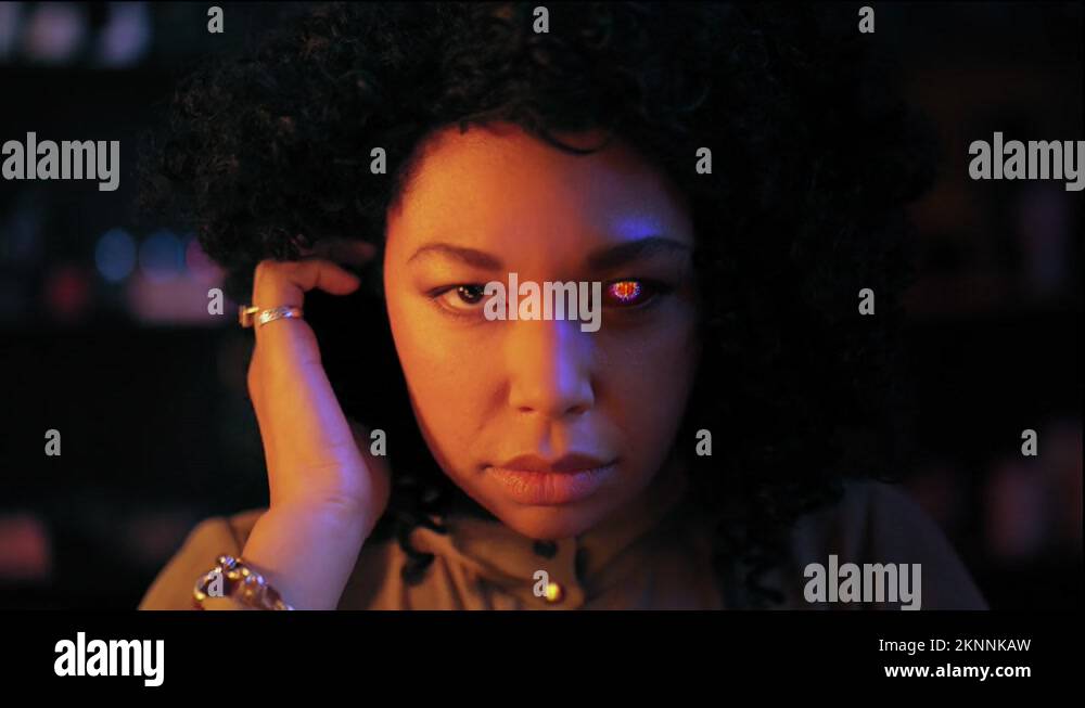 Scary woman with burning electric eye looking into camera, psychic ...