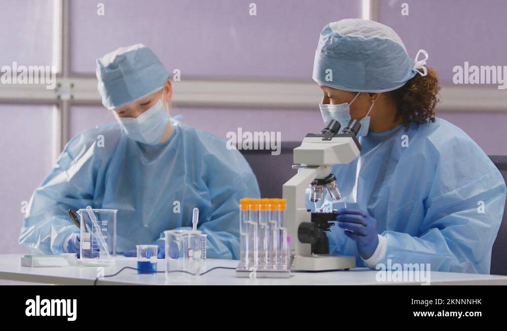 Female Lab Workers Wearing PPE Analysing Samples In Laboratory With ...
