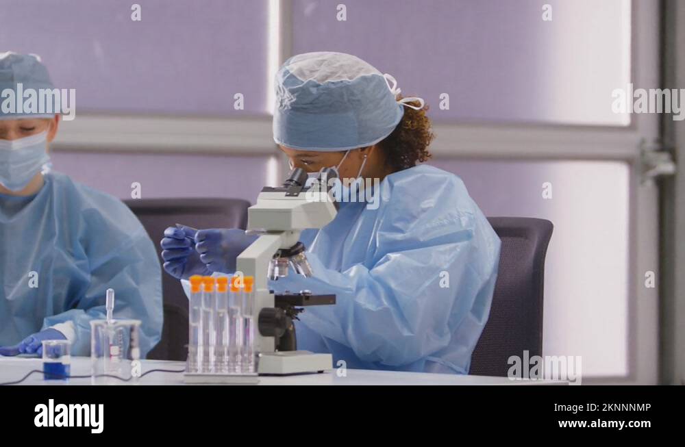 Female Lab Workers Wearing PPE Analysing Samples In Laboratory With ...
