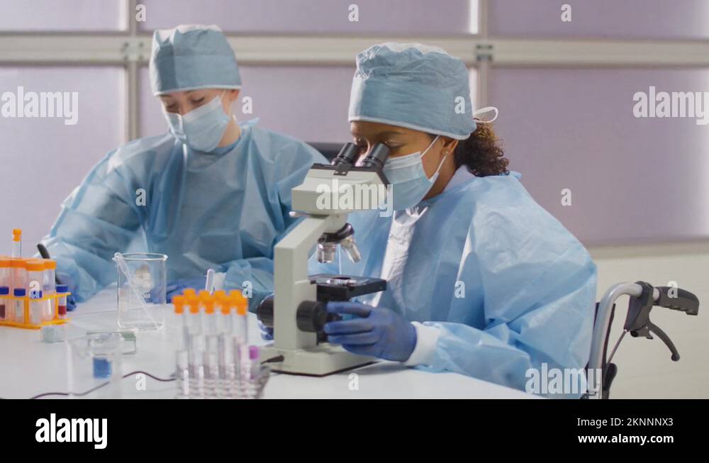 Female Lab Worker In Wheelchair Wearing PPE Analysing Samples In ...