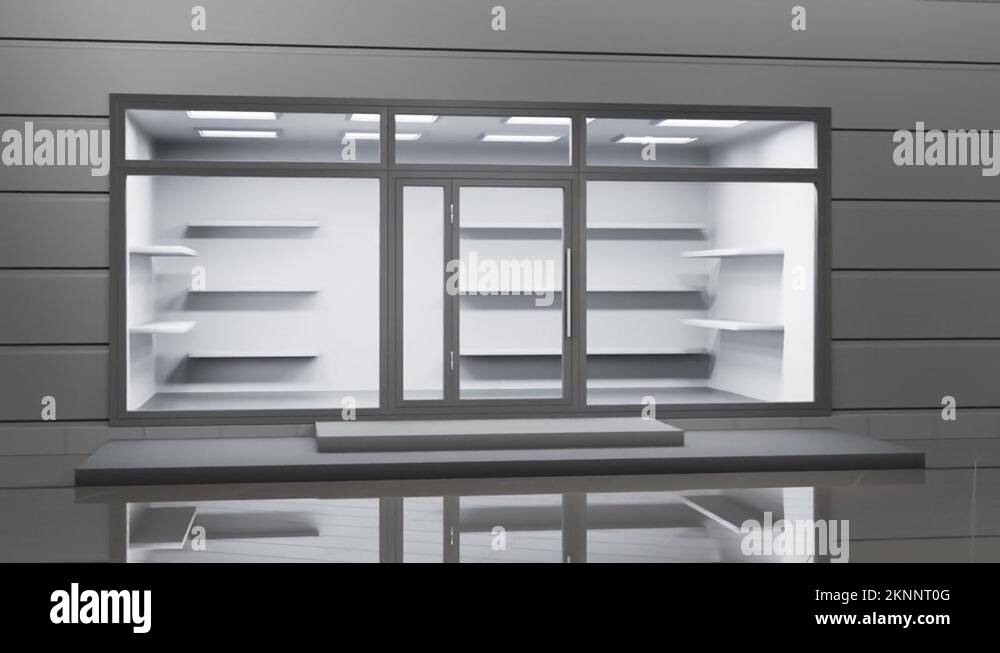 Storefront with steps, entrance door and glass window. Fashion boutique ...