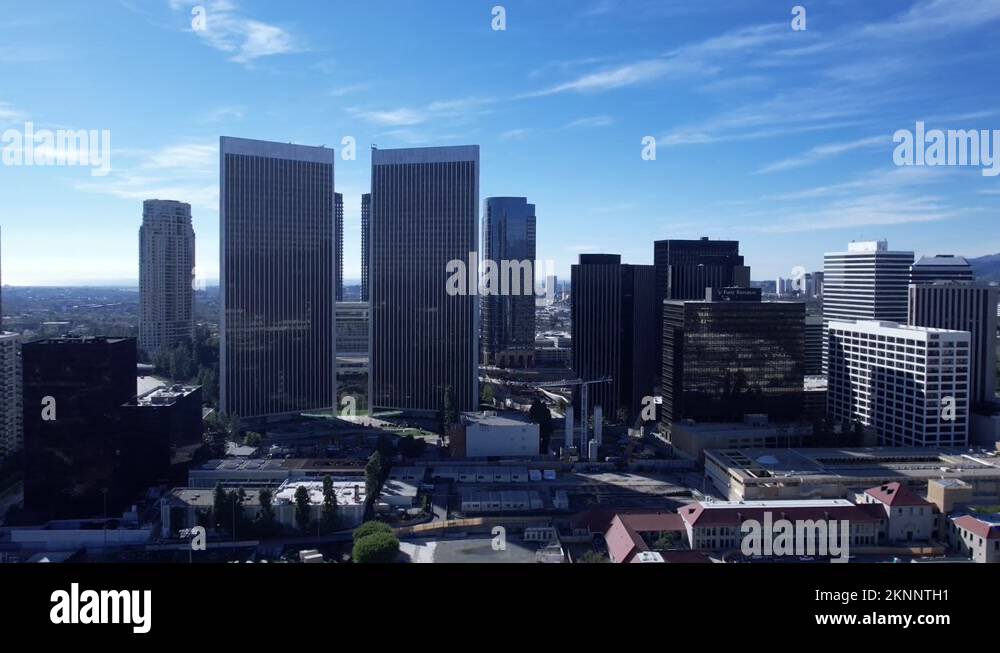 Drone shot of the Century Plaza Towers in Century City, Los Angeles ...