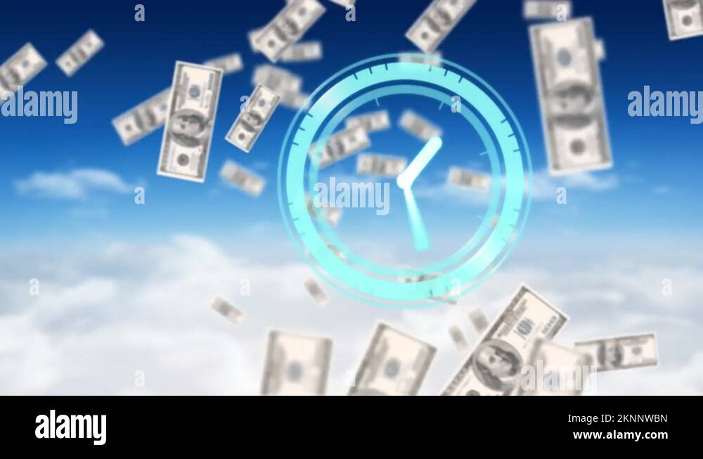Animation of moving clock and dollar bills falling over sky with clouds ...