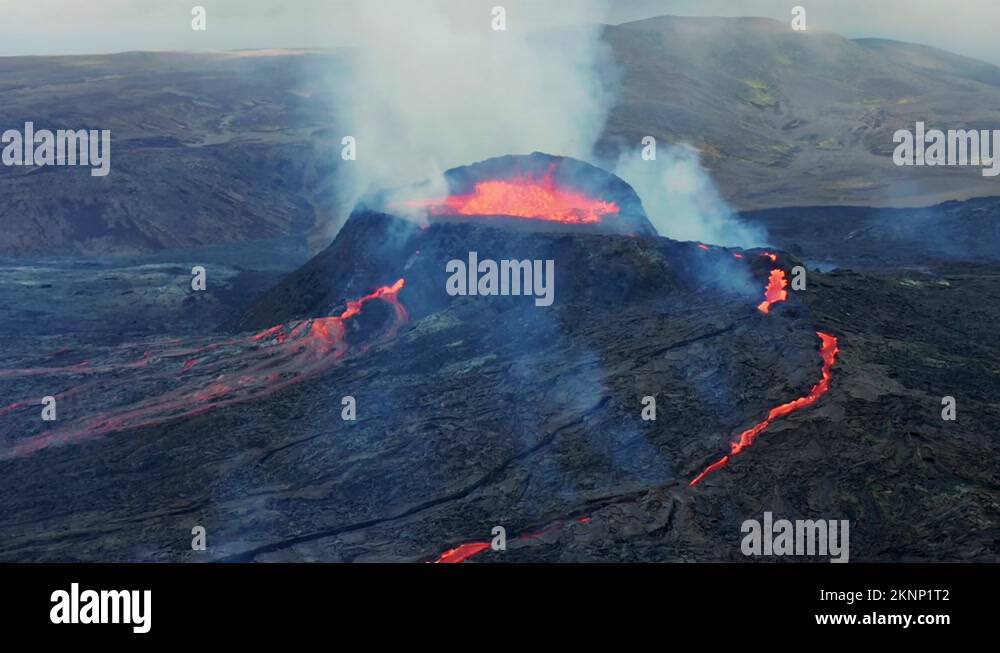 Boiling Lava Inside Crater Of Erupting Fagradalsfjall Volcano Seen From ...