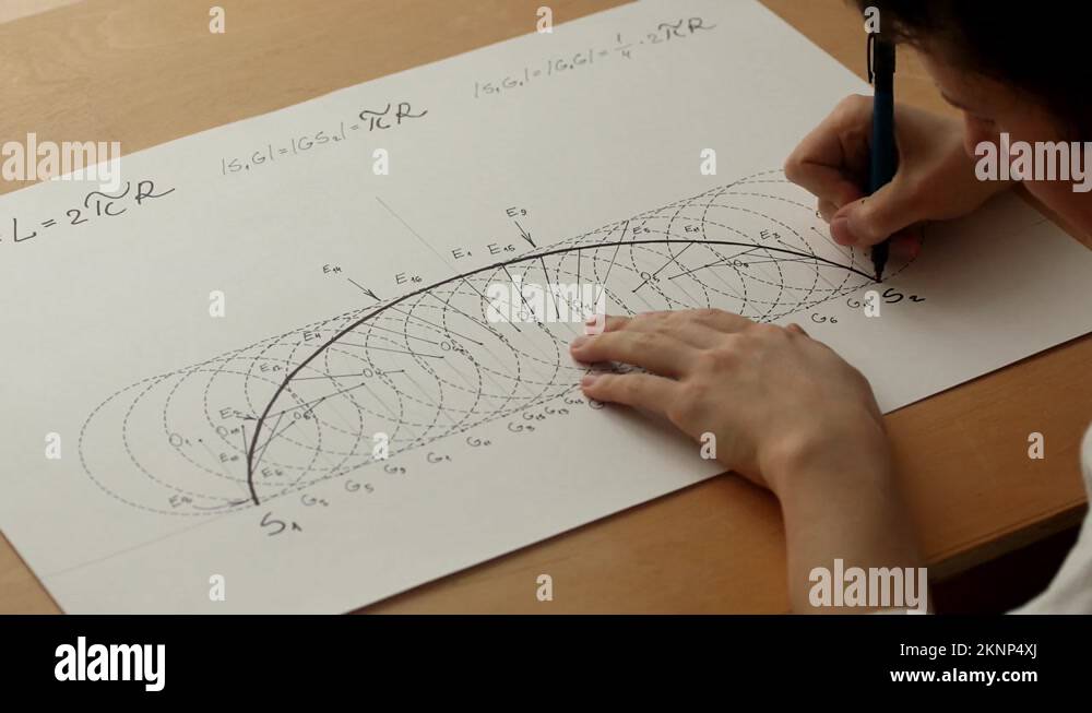 Young mathematician and artist Pavel Kubarkov, drawing arc of cycloid ...