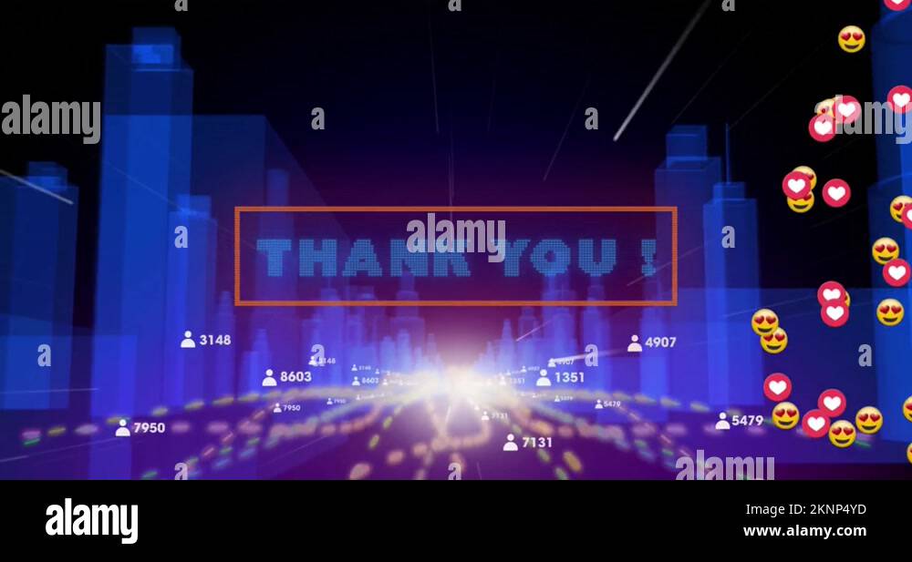 Animation of thank you text, emojis and numbers growing over digital ...