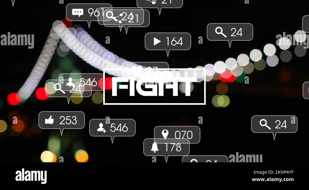 Animation of fight text over glowing spots on black background Stock ...