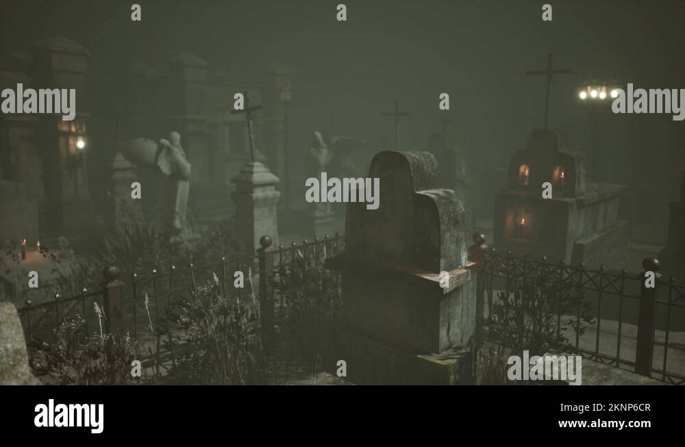 Very old misty and creepy graveyard in fog at night Stock Video Footage ...