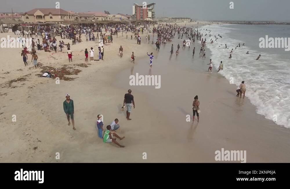 africa crowded beach -lagos nigeria beach aerial of a crowded beach ...